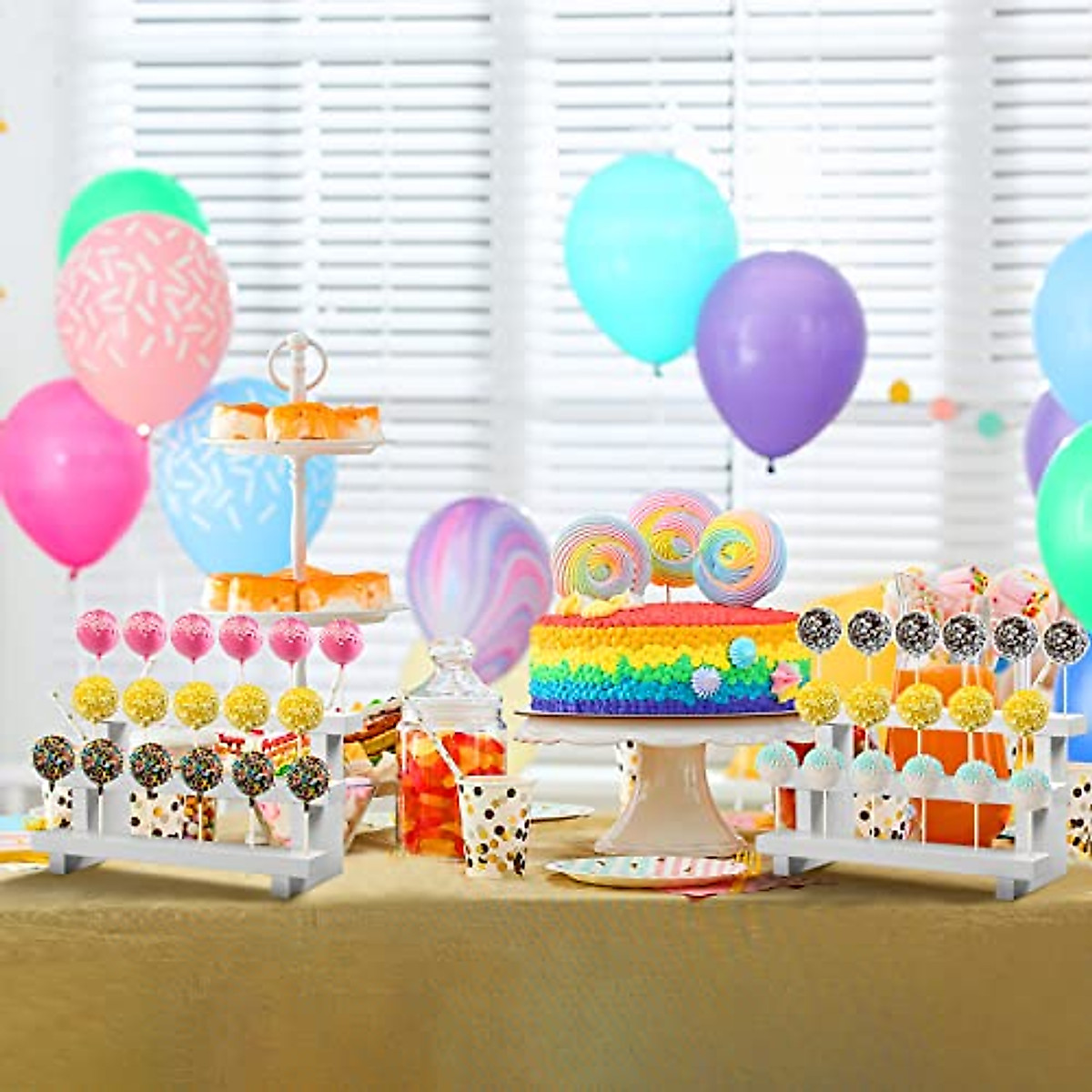 2 Pack Wood Cake Pop Stands Sucker Display 3 Tier Lollipop Holders with 100 Treats Bags 100 Lollipop Sticks 100 Gold Twist Ties for Dessert Table of Wedding Baby Shower Birthday Party (Wood)