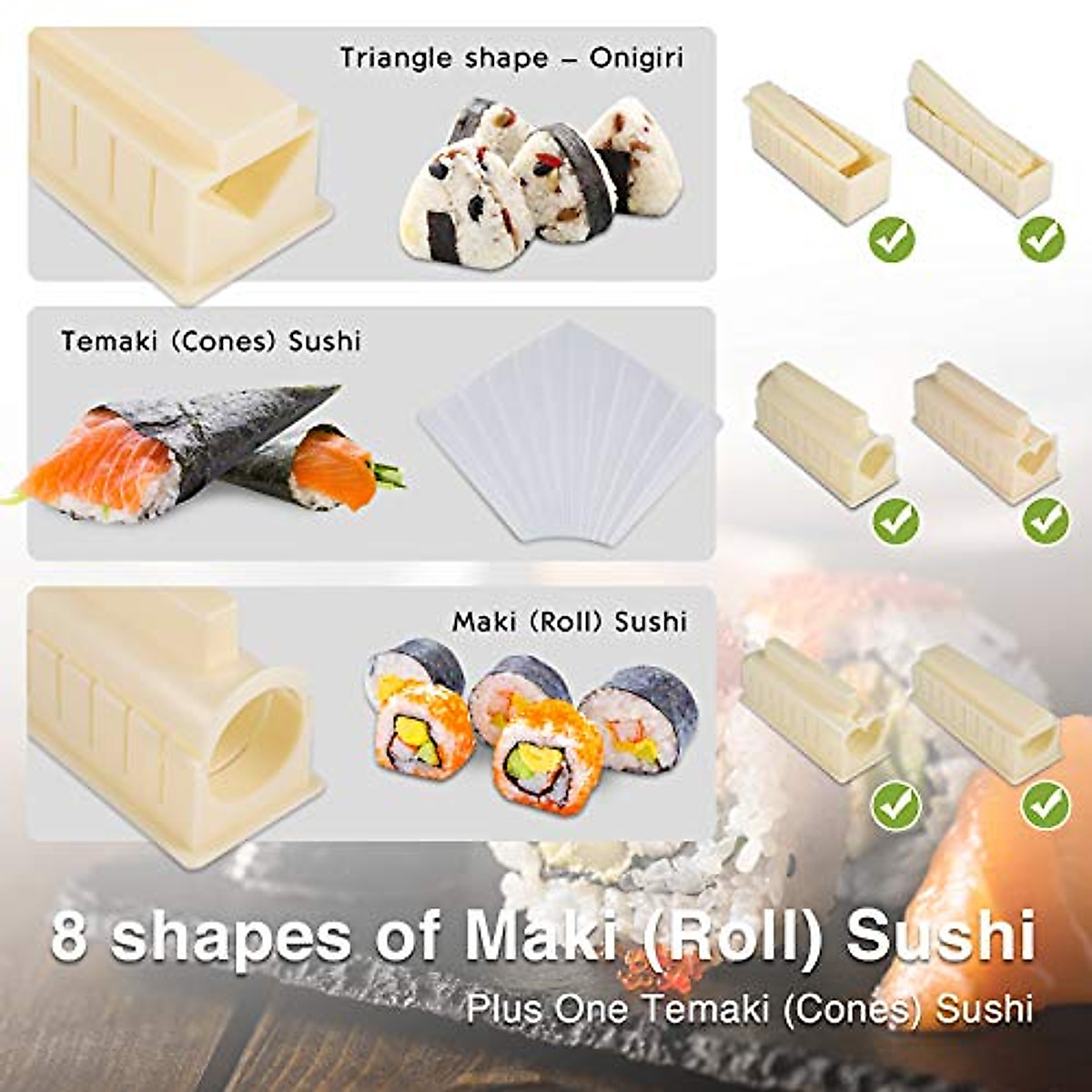 TantivyBo 16 In 1 Sushi Making Kit Deluxe Edition, Sushi Maker Set with Complete 8 Shapes Sushi Rice Mold & Temaki Roller, Easy Home DIY Sushi Tool for Beginners, Instruction Manuel Included