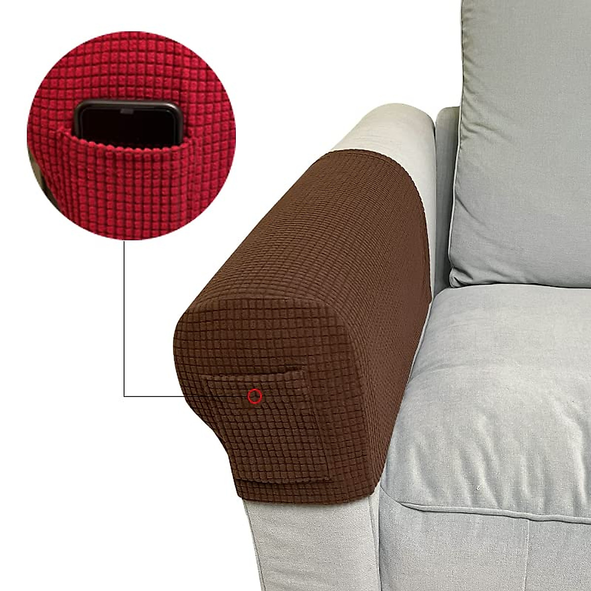 SXNING Arm Rest Covers Set, Pack of 4 Stretch Armchair Arm Covers Soft Polyester Arm Caps Non Slip Furniture Protector for Chair, Sofa, Couch (Dark Coffee with Pocket)