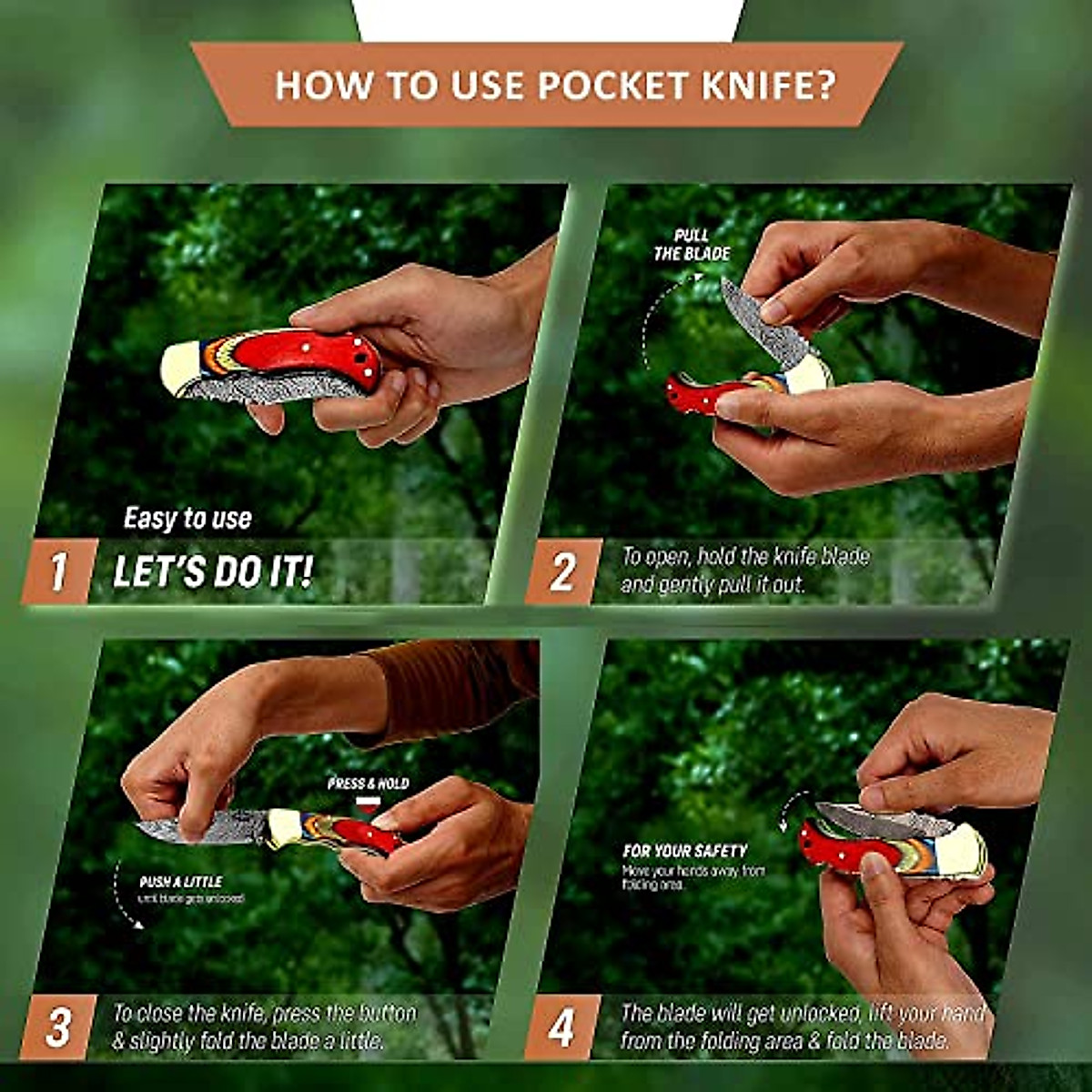 Multi Wood Unique Beautiful 6.5'' Custom Handmade Damascus Steel Brass Bolster Back Lock Folding Pocket Knife Sharpening Rod 100% Prime Quality Plus Beautiful Blue Wood Stainless Steel Pocket Knive