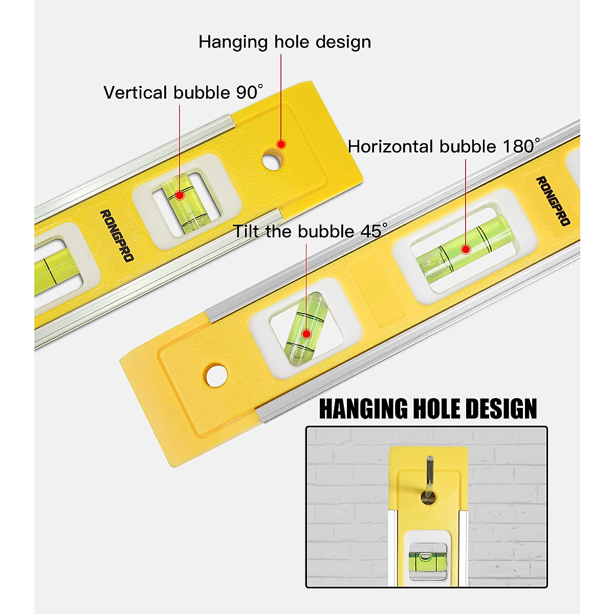 RONGPRO 9 Inch Torpedo Level, Magnetic Box Level with 45°/90°/180° Bubbles, Shock Resistant Bubble Level Tool for Measuring