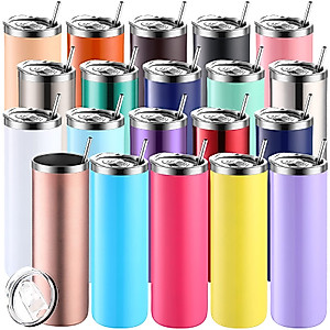20 Pack Straight Skinny Tumblers Bulk 30oz Stainless Steel Double Wall Vacuum Insulated Mugs with Straw Coffee Tumbler Portable Skinny Travel Tumbler for Hot Cold Drinks DIY Gift