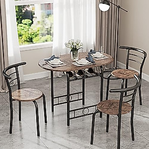 JUMMICO 3-Piece Wooden Round Table & Chair Set, Space Saving Kitchen Breakfast Nook Wood Grain Tabletop with Metal Frame and Built-in Wine Rack for Kitchen, Dining Room (Brown/Black)