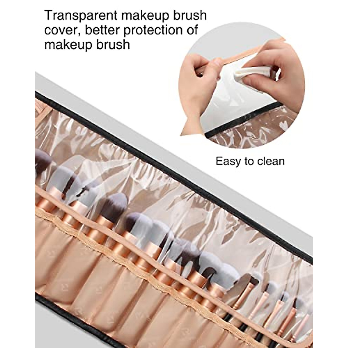 Relavel Makeup Brush Rolling Case Makeup Brush Bag Pouch Holder Cosmetic Bag Organizer Travel Portable Cosmetics Brushes Black Leather Case with Small Clear Bag