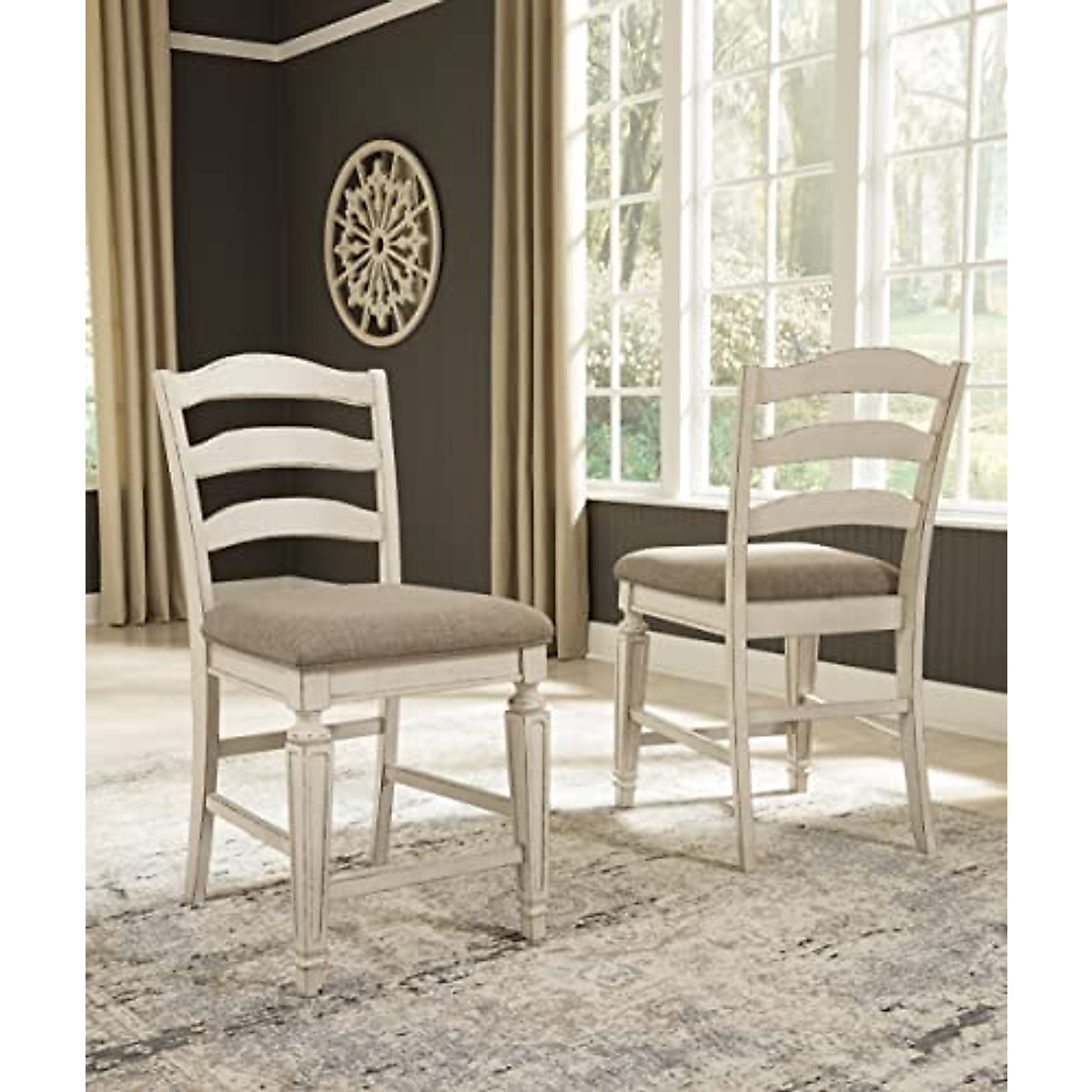 Signature Design by Ashley Realyn French Country 24.13" Counter Height Upholstered Barstool, 2 Count, Chipped White