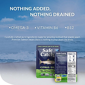 Safe Catch Skinless and Boneless Wild Pacific Pink Salmon Pouch, Citrus Dill Seasoned, Mercury Tested, Kosher, 2.6oz Pouches, Pack of 12