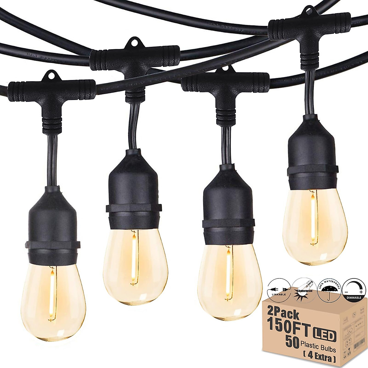 MEIDAODUO Outdoor String Lights LED 150FT Waterproof Heavy-Duty Patio Lights String with 50 Dimmable Shatterproof Plastic Edison Bulbs(4 Extra) for Gazebo Pergola Bistro Lights Connectable