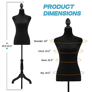 BLKMTY Female Mannequin Torso Dress Form Sewing Mannequin Manikin Body Height Adjustable Clothing Dress Model w/ Tripod Base Stand for Sewing Dressmakers Dress Jewelry Display 49-63 Inch, Black
