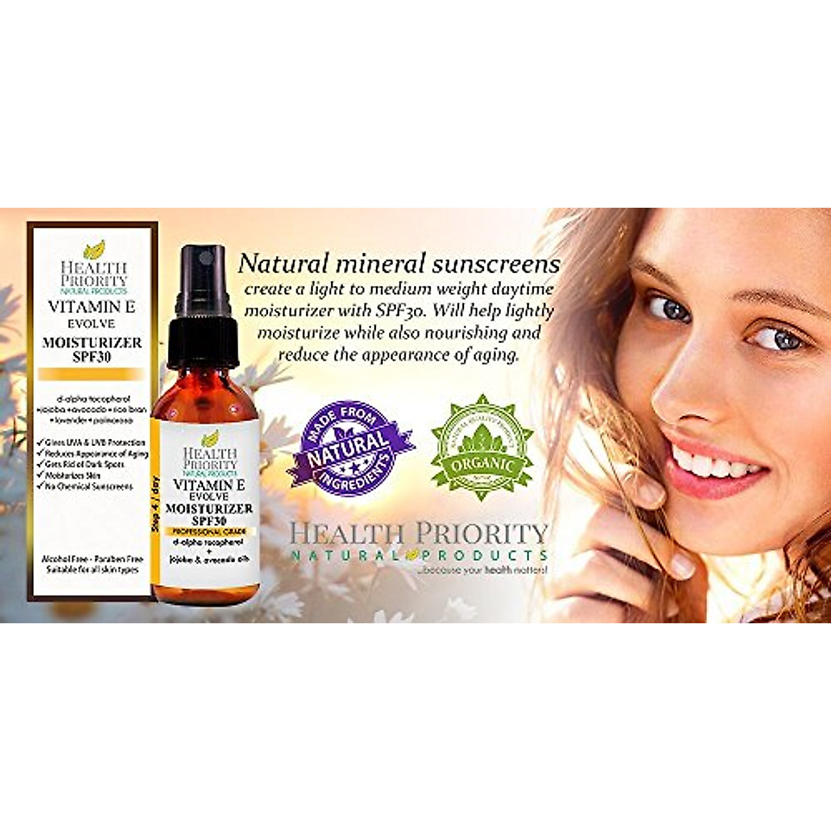 Organic Daily Moisturizer with SPF Infused with Vitamin E Oil | Sunscreen for Face | Anti-Aging Hydrating Lotion for Skin | Facial Moisturizer with SPF to Protect against UV Rays | 1 Fl Oz