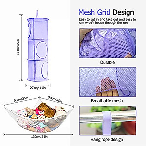 2 Pcs Hanging Mesh Storage Basket with 1 Stuffed Animals Toy Net Hammock, Hommtina Foldable Corner Organizer 3 Tier, Neatly Organize Kid’s Plush Toys and Save Space (Blue+Purple)