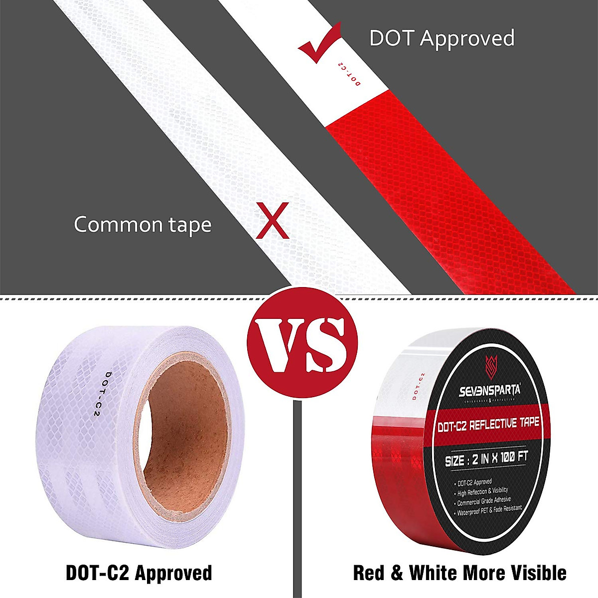 SEVEN SPARTA DOT-C2 Reflective Safety Tape 2 Inch x 200 Feet Red/White Conspicuity Tape for Vehicles, Trailers, Boats, Signs (200 FT)
