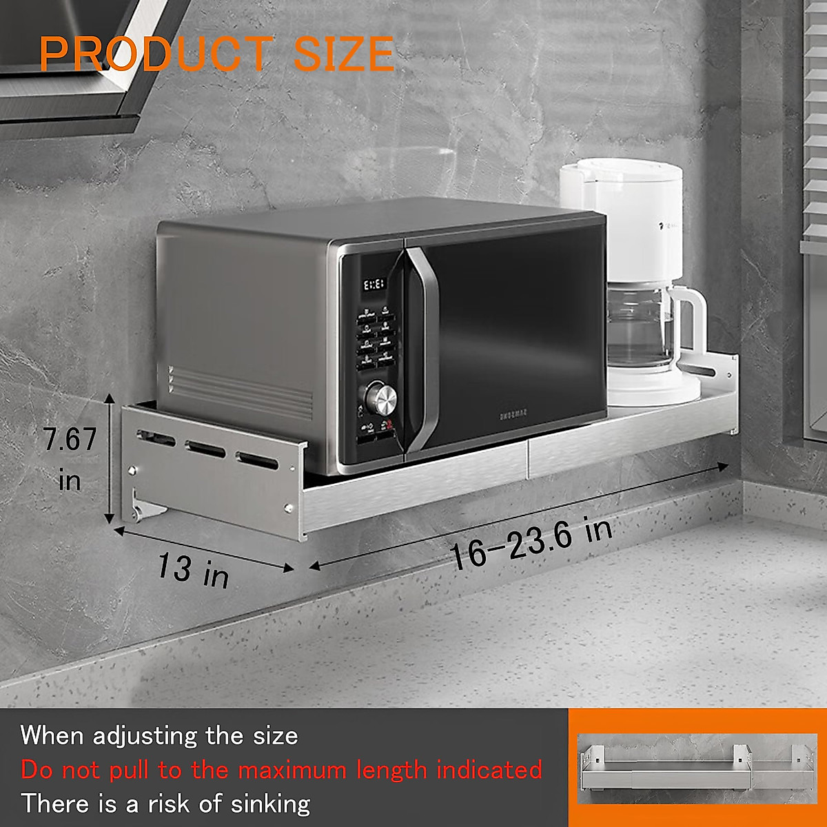 LEMYEF Stainless Steel Adjustable Wall Mount Shelf or Household Grade Wall Mount Microwave Oven Shelf, Removable countertop, Stationary kit, Multifunctional Storage Rack(16"-23.6" Brushed Nickel)