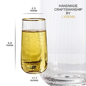 Lysenn Stemless Champagne Flutes Set of 4 - Premium Hand Blown Champagne Glasses for Bubbly Wine - Elegant Vertical Stripe and Gold Rim Mimosa Glasses – Clear 17oz