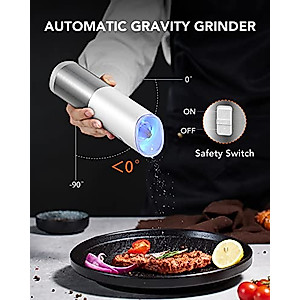 FORLIM Gravity Electric Salt and Pepper Grinder Set Battery Operated, Adjustable Coarseness, Blue LED Light, One Hand Automatic Operation, Stainless Steel Classic Black & White, 2 Mills