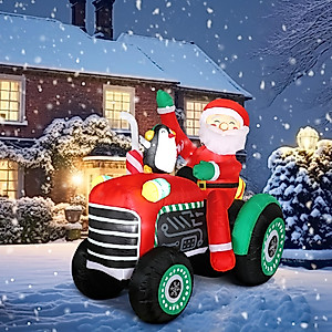 Retisee 5 Feet Tall Christmas Inflatable Santa Claus Drive Tractor with Penguin LED Holiday Outdoor Blow up Yard Decorations with Lights for Christmas Party Indoor Family Garden Lawn Decor