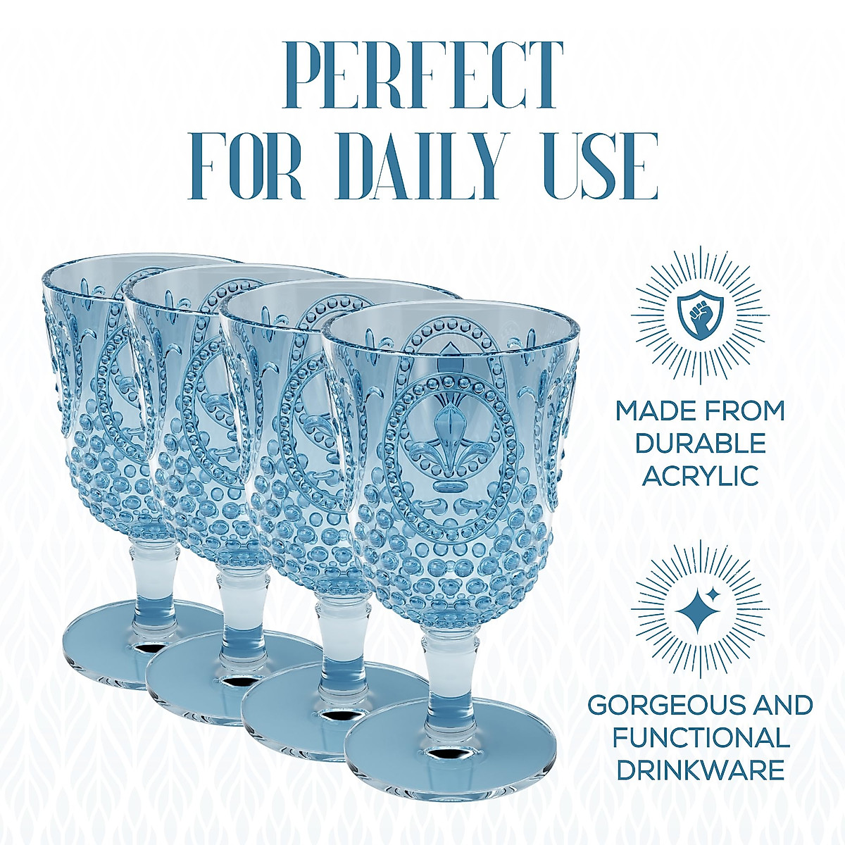 elle decor Acrylic Wine Goblets | Set of 4, 15-Ounce | Unbreakable Acrylic Wine Glasses | Reusable Plastic, Shatterproof Long Stemmed Water Glasses | Bar Drinking Cups (Blue)