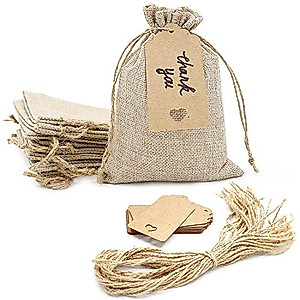 SumDirect-Brown-Burlap-Gift-Bags - 20Pcs 5x7 Inch Drawstring Bags with Tags, Linen Sack Bags for Wedding Favors Party, DIY Craft, Christmas
