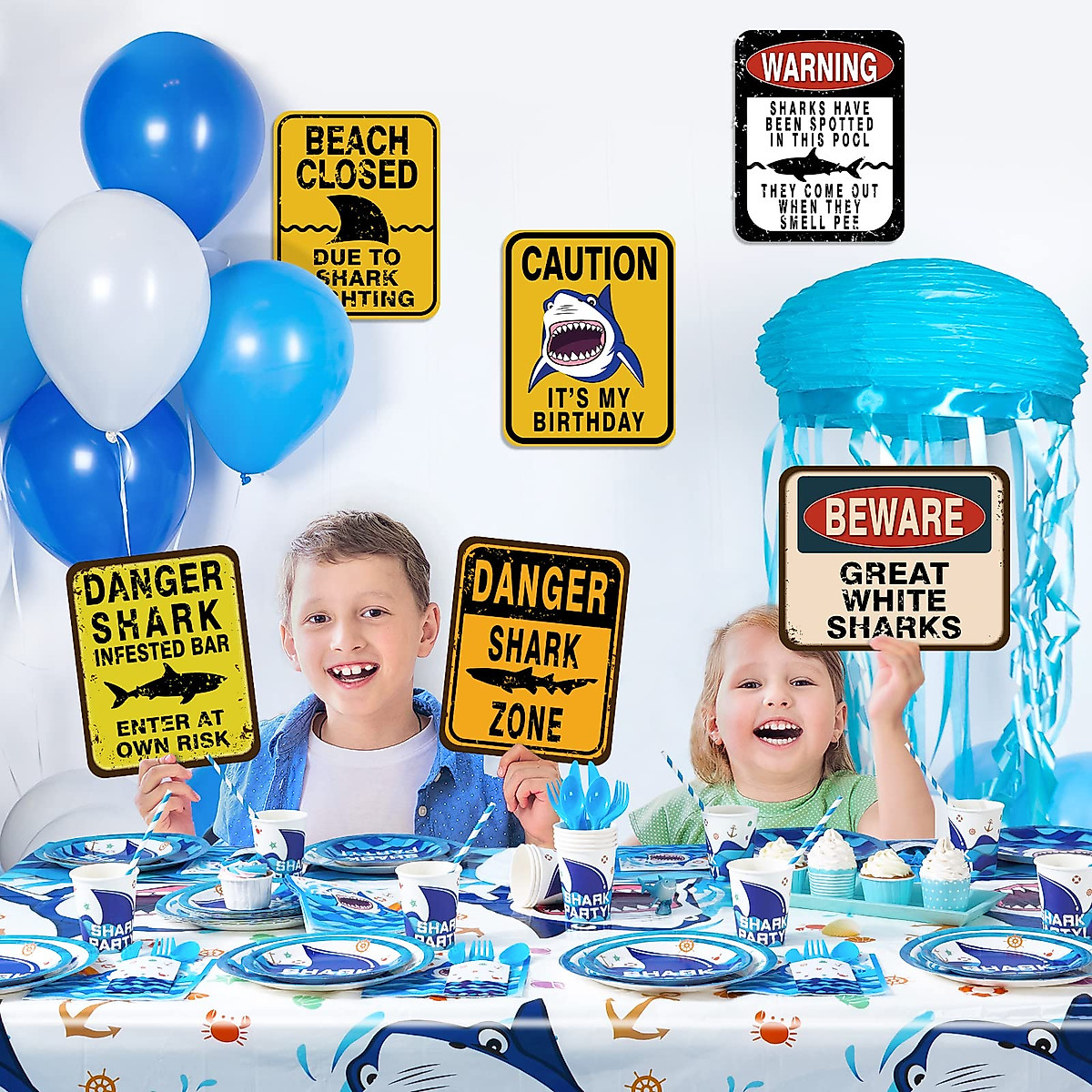WERNNSAI Shark Zone Party Decorations - 6 PCS Size 8'' Funny Party Wall Decor Signs for Boys Kids Birthday Party Ocean Shark Theme Party Supplies