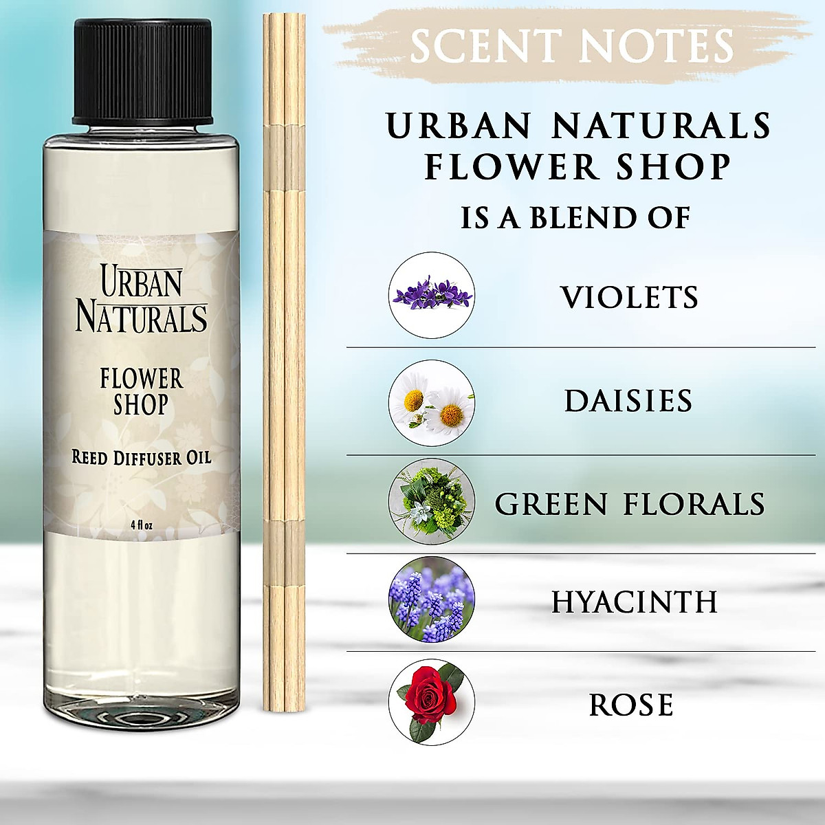 Urban Naturals Flower Shop Scented Oil Reed Diffuser Refill with Free Set of Reed Sticks! Violets, Daisies, Hyacinth & Rose Fragrance Notes
