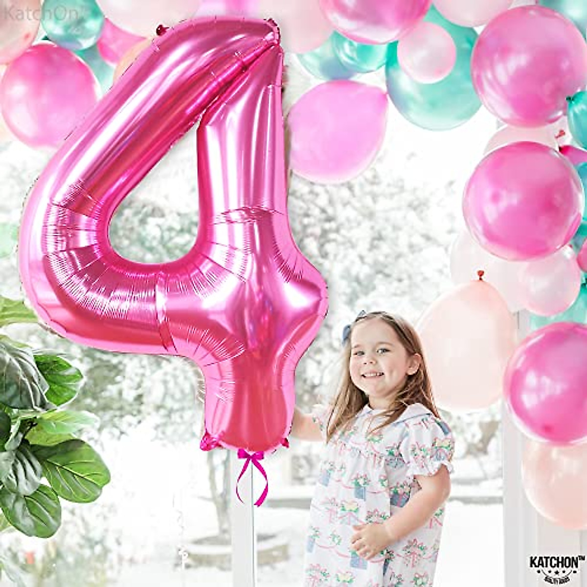 KatchOn, Hot Pink 4 Balloon Number - 40 Inch | Hot Pink 4 Birthday Balloon | 4 Year Old Birthday Decorations | Number 4 Balloons for 4th Birthday Balloons | Pink Four Balloon for 4th Birthday Supplies