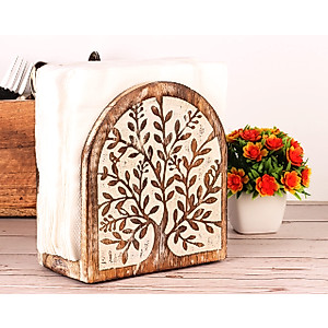 Wooden White Wash Tree of Life Tissue Paper Holder with Full Size Decorative Napkin Stand Tissue Paper Organizer for Home & Kitchen Dining Table Stand