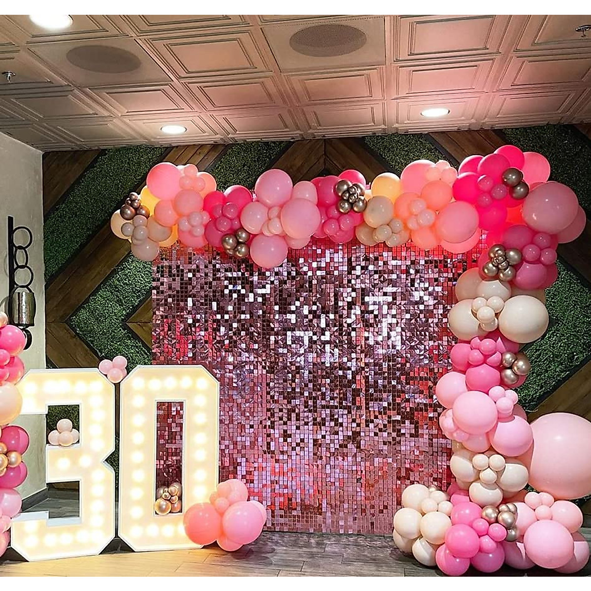 Square Shimmer Panels (Pack of 24) Sequin Shimmer Wall Backdrop Decoration Panels Glitter Bling Sequin Photo Backdrops for Birthday Anniversary Engagement Parties Decor Pink