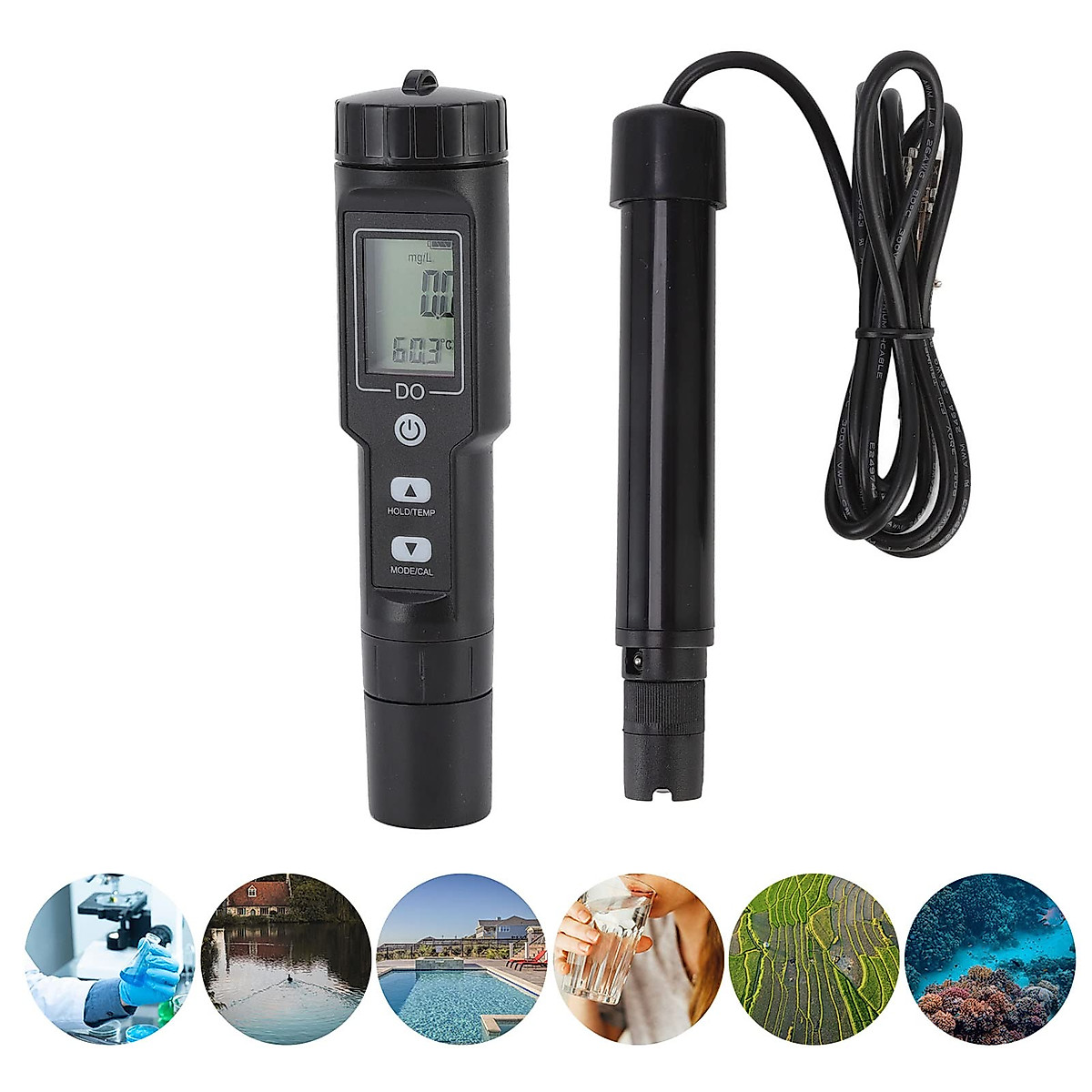 Fdit Digital Dissolved Oxygen Meter Detachable Probe Digital Screen Display Dissolved Oxygen Sensor Dissolved Oxygen Sensor for Aquarium Experiment Research (Without Backlit)