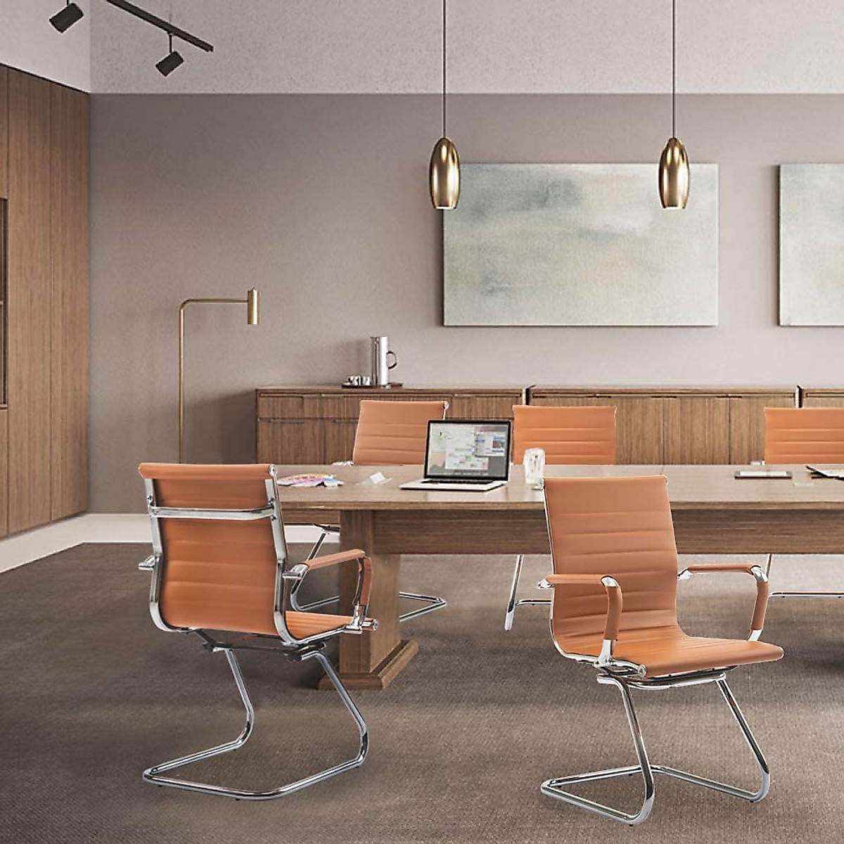 HNY Leather Office Guest Chairs & Reception Chairs Set of 6, Modern Waiting Room Chairs with Arms, Desk Chair no Wheels with Sled Base for Waiting Room/Conference Room, Cognac