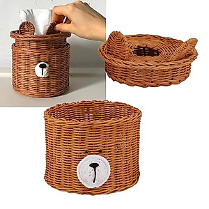 Atyhao Cute Bear Tissue Box Cover Rattan Holder with Lid, Round Easy Maintenance Dispenser, Versatile Decor, Photography Prop for Kids Rooms, Tables