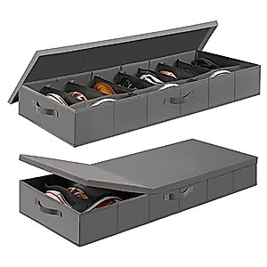 HOUSE AGAIN Under Bed Shoe Storage Organizer with Lid, Foldable Shoes Storage Bin Set of 2, Stackable Underbed Storage Containers with 2 Handles, Fits Total 22 Pairs, Dark Grey