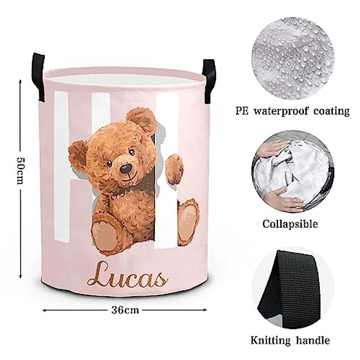 Meet Pink Teddy Bear Personalized Freestanding Laundry Basket Clothes Hamper Waterproof,Custom Laundry Collapsible Storage Bins Toys Baskets with Handle for Bedroom Bathroom