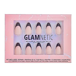 Glamnetic Press On Nails - Caviar | Semi-Transparent, Short Almond Nails, Reusable | 15 Sizes - 30 Nail Kit with Glue