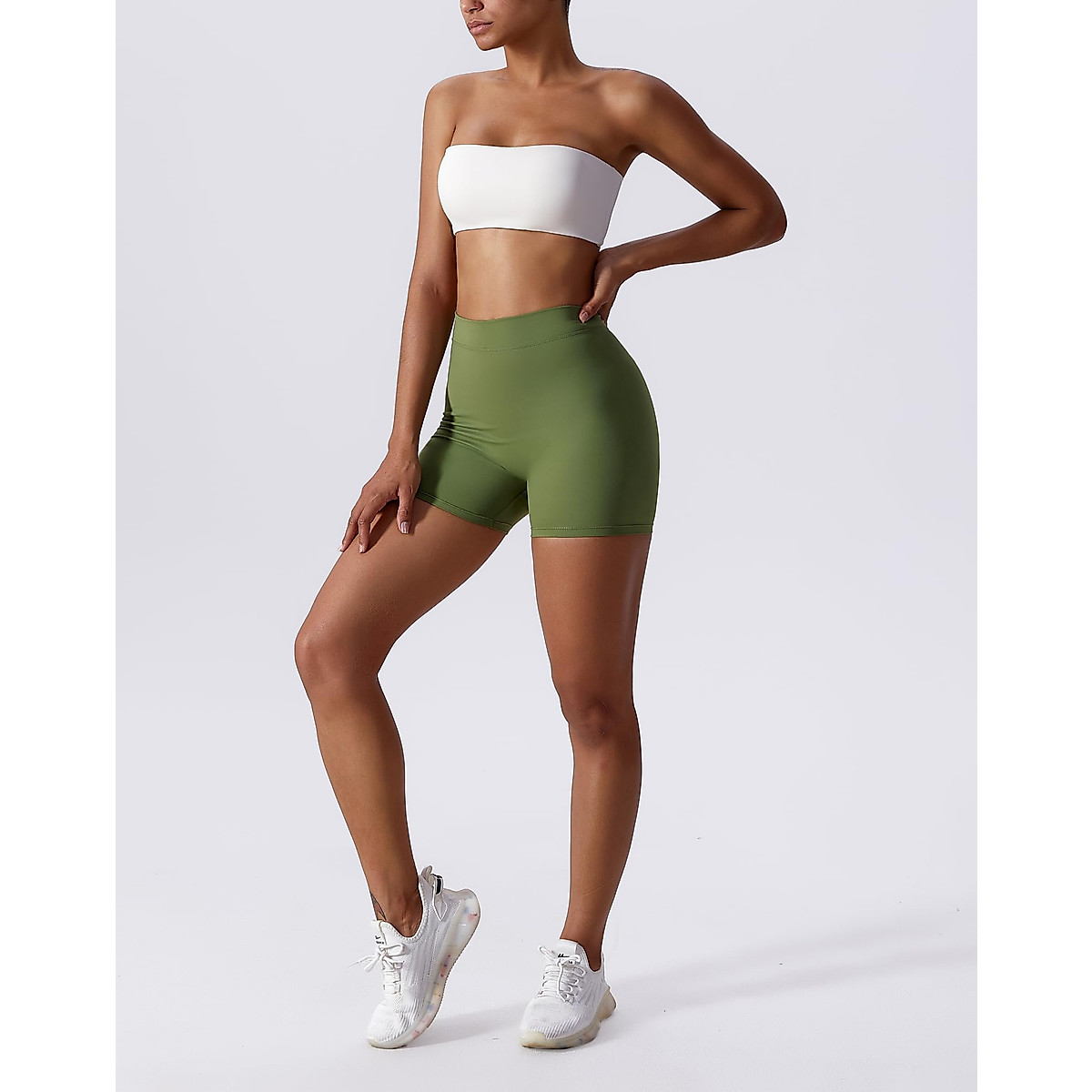ABOCIW Biker Shorts for Women Buttery Soft V Back Scrunch Butt Workout Shorts High Waist Booty Yoga Shorts Tummy Control Running Athletic Gym Shorts Army Green Medium
