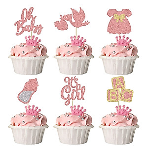 24Pcs Baby Shower Oh Baby Cupcake Toppers Rose Gold Glitter Bow Dress Bottle Swan It's a Girl Cake Picks Decorations for Baby Shower Gender Reveal Girls Birthday Party Supplies