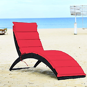 Tangkula Foldable Patio Lounge Chair, Outdoor Rattan Lounger Chaise, Portable Patio Chaise with Cushion, All-Weather Wicker Furniture for Garden Lawn Balcony Backyard Poolside (1, Red)