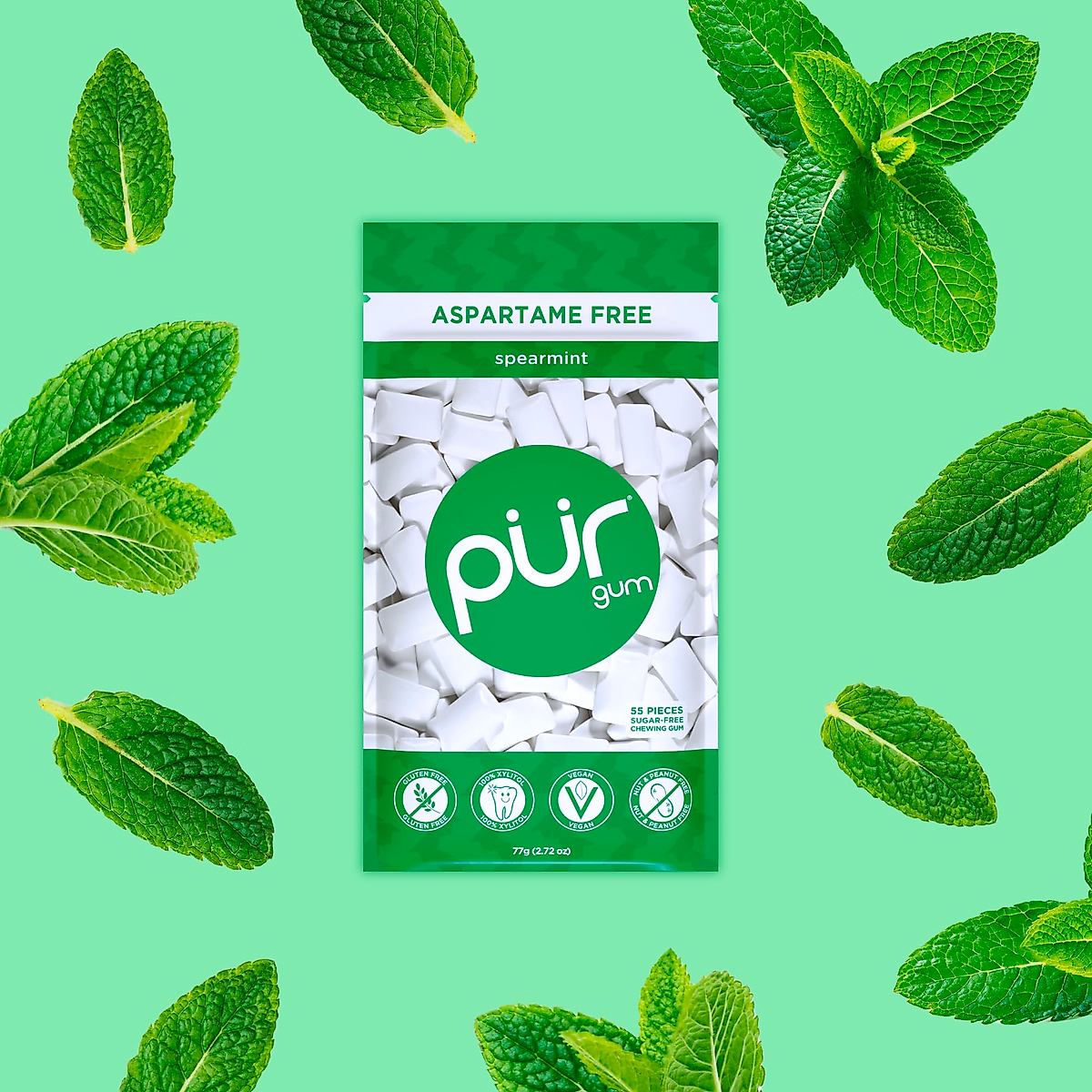 PUR Gum | Aspartame Free Chewing Gum | 100% Xylitol | Natural Spearmint Flavored Gum, 55 Pieces (Pack of 3)