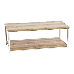 Household Essentials Jamestown Rectangular Coffee Table with Storage Shelf Coastal Oak Rustic Wood Grain and White Metal