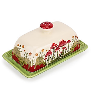 Fungi Fun Mushroom Butter Dish With Lid For Countertop Ceramic Butterdish, Red Mushroom Butter Container, Butter Tray Large Butter Dish Covered (White, Standard)
