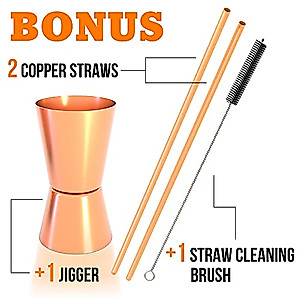 Benicci Moscow Mule Copper Mugs - Set of 2-100% HANDCRAFTED - Food Safe Pure Solid Copper Mugs - 16 oz Gift Set with BONUS - Premium Quality Cocktail Copper Straws, Straw Cleaning Brush and Jigger!