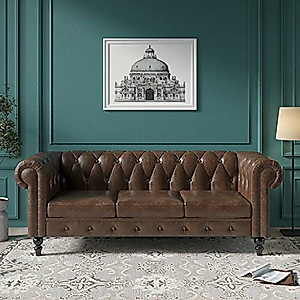 MGH 84'' PU Faux Leather Chesterfield Sofa, Mid-Century 3 Seats Top Grain Living Room Couch, Deep Button Tufted Modern Sofas Couches with Rolled Arm Settee for Bedroom, Brown (110PU)