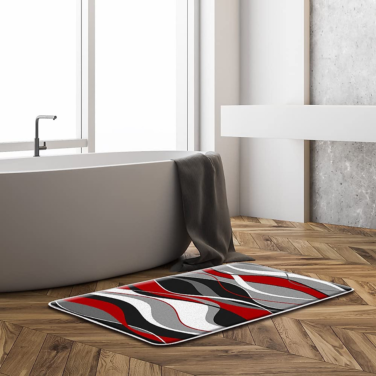 Red Black Gray White 3 Piece Bath Mat Sets,Modern Geometric Striped Line Abstract Geo Wave Simple Contemporary Bathroom Kitchen Memory Foam Rug,17.8"x29.5"Bath Mat,Toilet Seat Cover,U-Shaped Toilet
