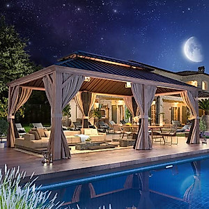 Erinnyees 12' x 20' Aluminum Wood Grain Hardtop Gazebo, Outdoor Aluminum Double Roof with Privacy Curtain and Mosquito Net for Patio, Lawn, Garden, Deck(Wood Looking)