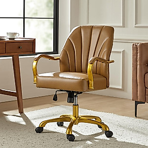 HULALA HOME Camel Leather Office Chair with Gold Legs, Swivel Desk Chair with Padded Seat and Armrests, Adjustable Height Task Chair