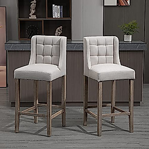 HOMCOM Modern Bar Stools, Tufted Upholstered Barstools, Pub Chairs with Back, Rubber Wood Legs for Kitchen, Dinning Room, Set of 2, Beige