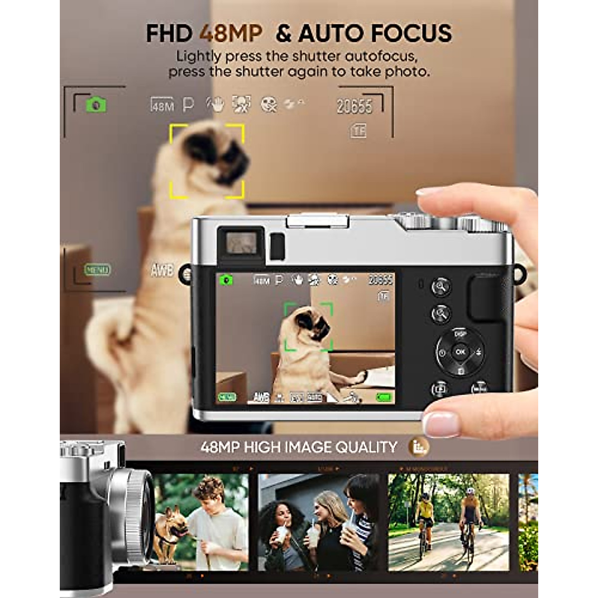 NEZINI 4K Digital Camera,Auto Focus 48MP Vlogging Camera for YouTube and Anti-Shake Video Camera with Viewfinder Flash & Dial,16X Zoom Travel Portable Digital Camera with 32GB Card,2 Batteries (Black)