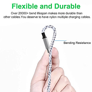 Multi 3 in 1 USB Long iPhone Charging Cable, 1.8M/5.9Ft Nylon Braided Universal Phone Charger Cord USB C/Micro USB/Lightning Connector Adapter for Android/Apple/Samsung/LG/Pixel/Huawei/XiaoMi(Gray)