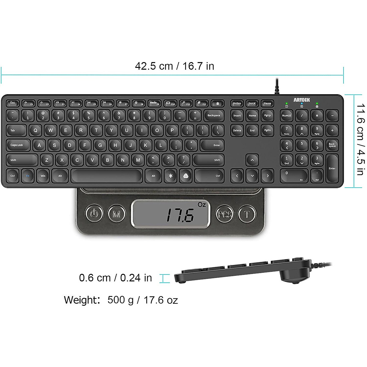 Arteck Backlit USB Wired Full Size Keyboard with Media Hotkey for PC and Laptop