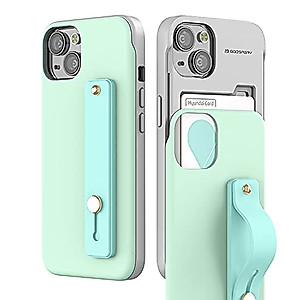 GOOSPERY SlideTok Case Compatible with iPhone 13, Card Holder Phone Finger Grip Band Loop Stretch Holder Kickstand 2 Card Storage Dual Layer Protective Bumper Wallet Cover (Mint)