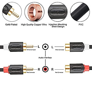J&D 2 RCA Extension Cable, RCA Cable Gold Plated Audiowave Series 2 RCA Male to 2 RCA Female Stereo Audio Extension Cable, 6 Feet