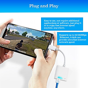 Lightning to Ethernet Adapter with Charging for iPhone/iPad [Apple MFi Certified] 2 in 1 RJ45 Ethernet High Speed iPhone LAN Network Adapter Support 100 Mbps Ethernet Network
